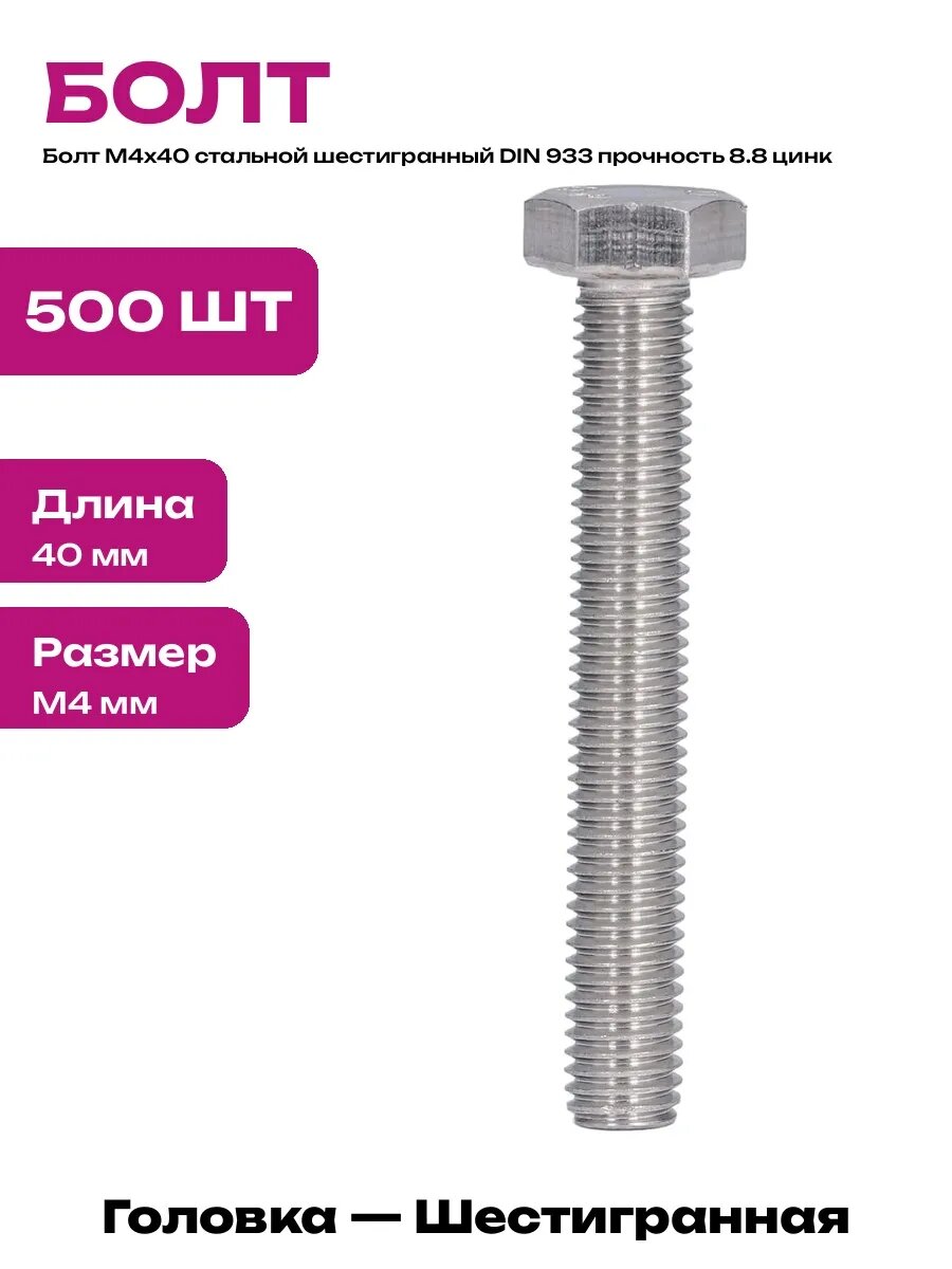 Болт М4х40 полная резьба сталь оцинкованная DIN 933 под ключ