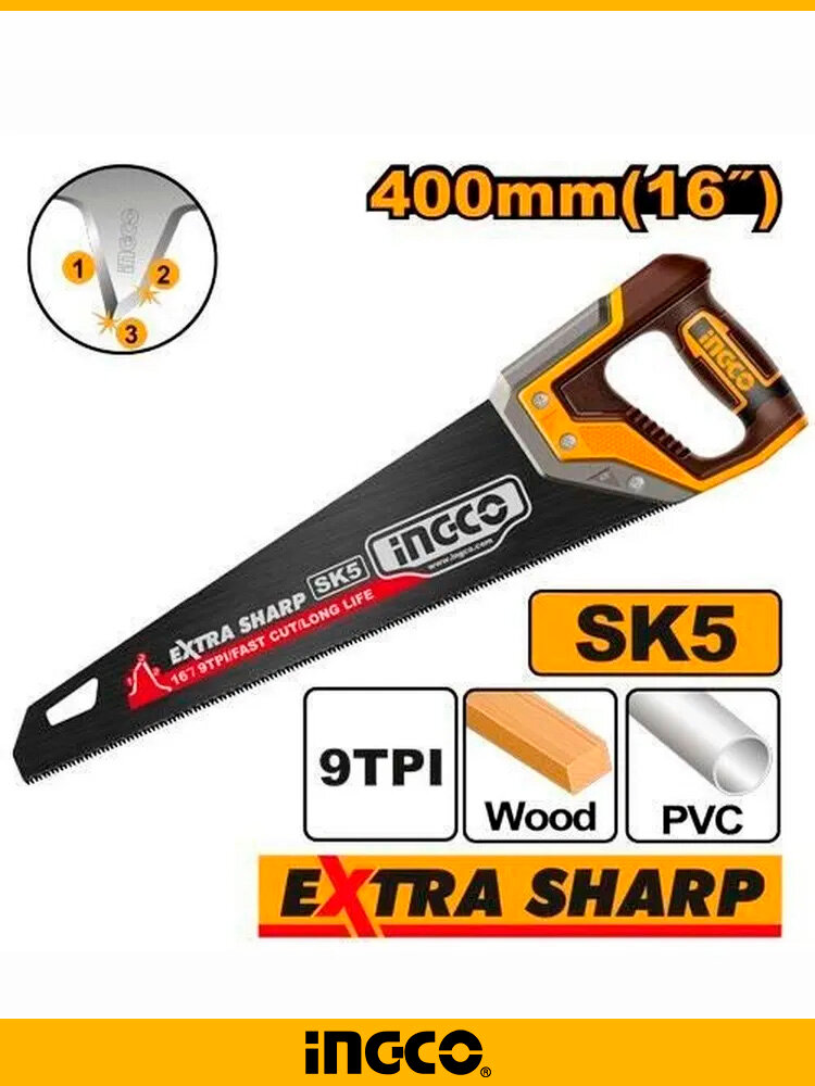Ножовка по дереву 400 мм, SK5, 9TPI SUPER INGCO HHAS68400 INDUSTRIAL