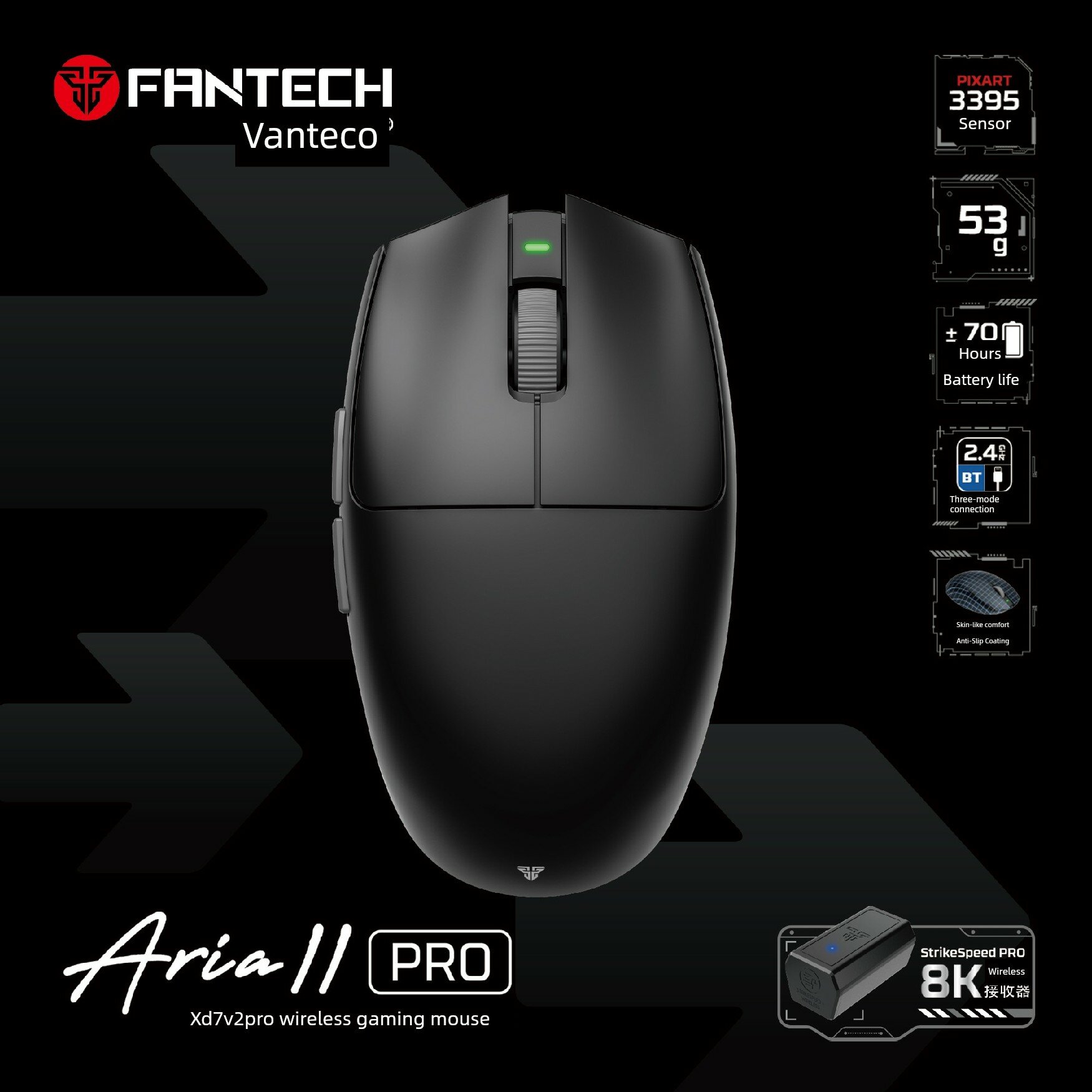 Беспроводная игровая мышь VanTec XD7v2PRO с тремя режимами подключения по Bluetooth, легкая, с двойной частотой