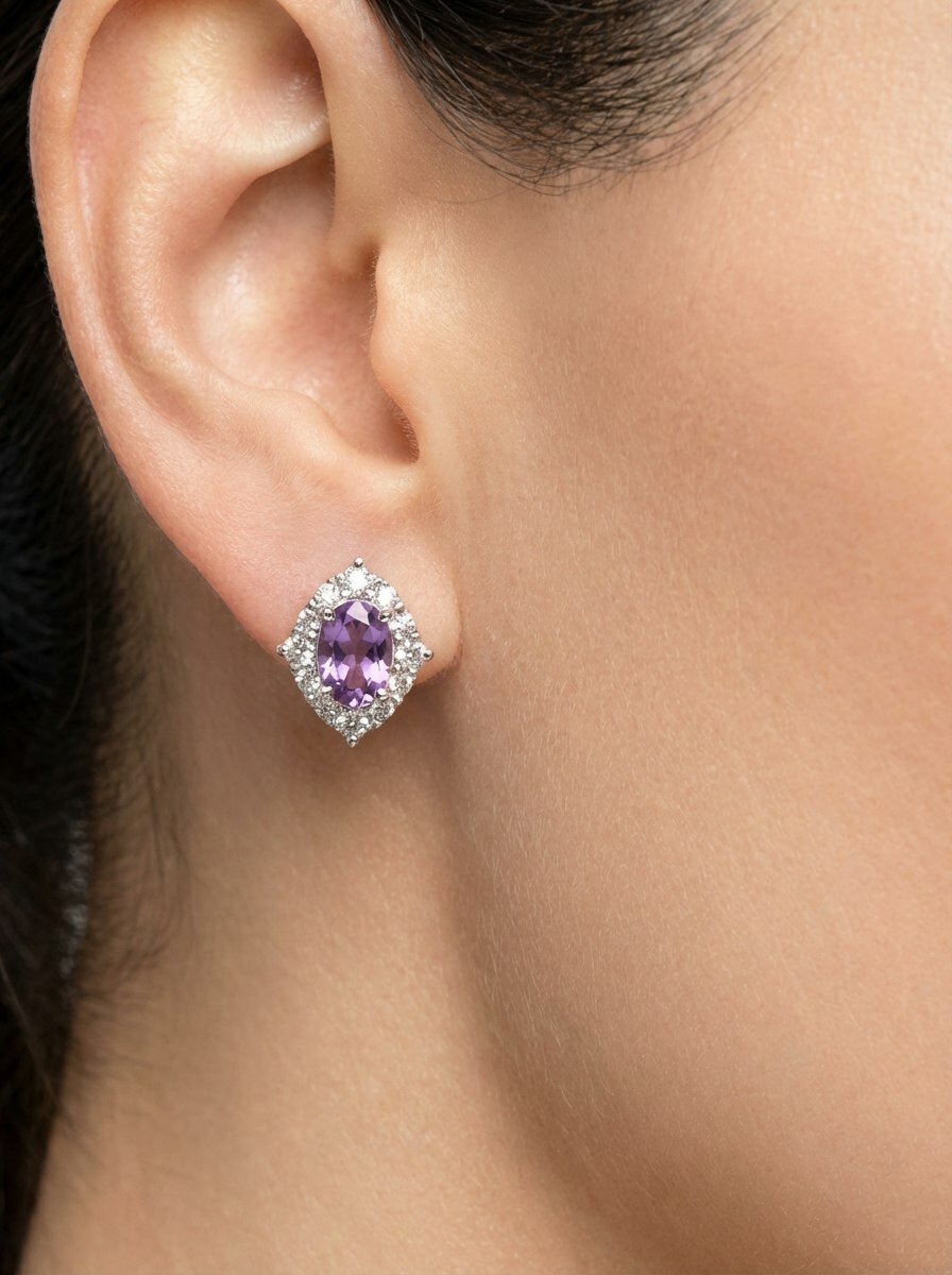 Серьги пусеты, серебро, 925 проба, аметист, фианит
