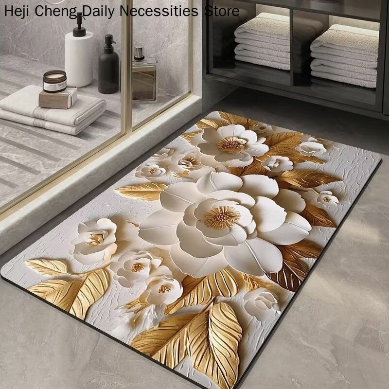 Коврик HEJI CHENG 3D рельефный с белыми цветами и золотыми листьями 60x120см, для ванной