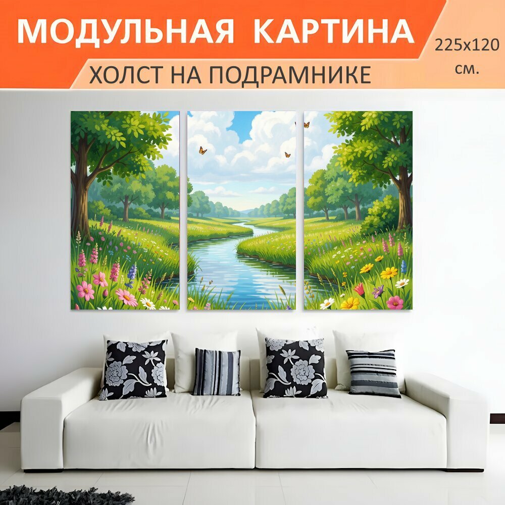 Модульная картина на холсте "Цветущая поляна у реки. Живописная летняя природа с извилистой речкой, яркими полевыми цветами, зелёными." триптих на подрамнике 225х120 см. для интерьера