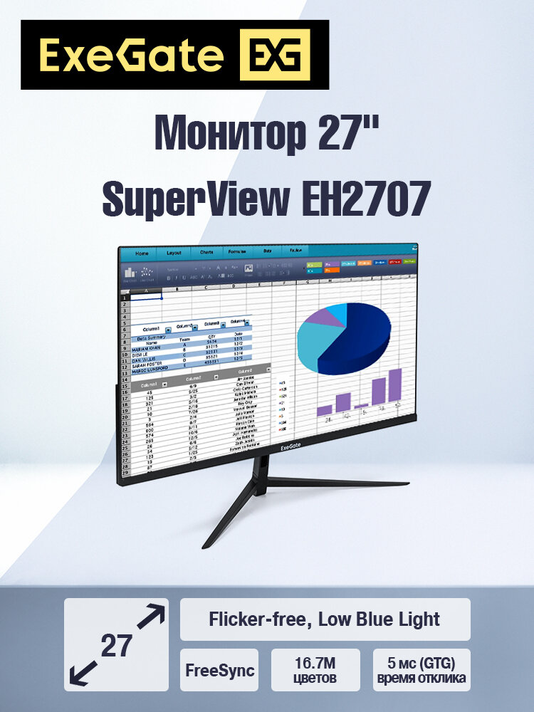 Монитор 27" 100 Гц ExeGate SuperView EH2707 (IPS LED Grade A+, FHD, 1920x1080@100Гц, 16:9, 250cd/m2, 1300:1, 178°/178°, 5ms, D-Sub, HDMI, FreeSync, Flicker-free, Low Blue Light, кабель HDMI 1.5м, VESA, регулировка наклона (tilt), черный) EX298355RUS