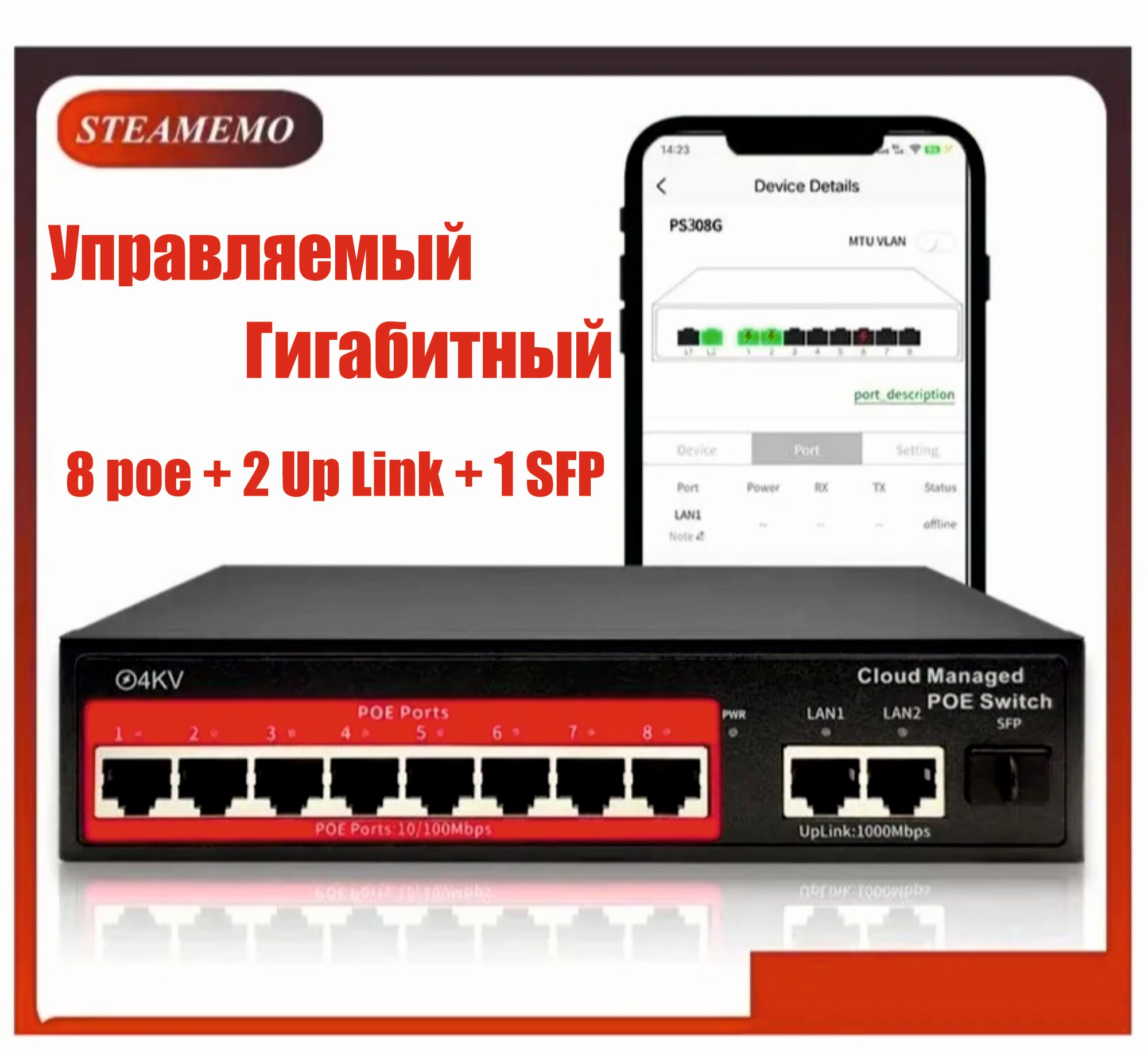 Управляемый Гигабитный Коммутатор PS308G С портом SFP. STEAMEMO. Switch Гигабитный Watchdog (802.3af/at) 8+2 портов+SFP (8 РоЕ + 2 Uрlink 1000мбит/с + SFP 1000мбит/с) 120W