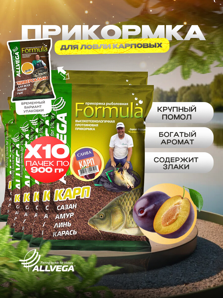Прикормка для рыбалки Формула Карп сазан Слива 0,9кг набор из 10шт
