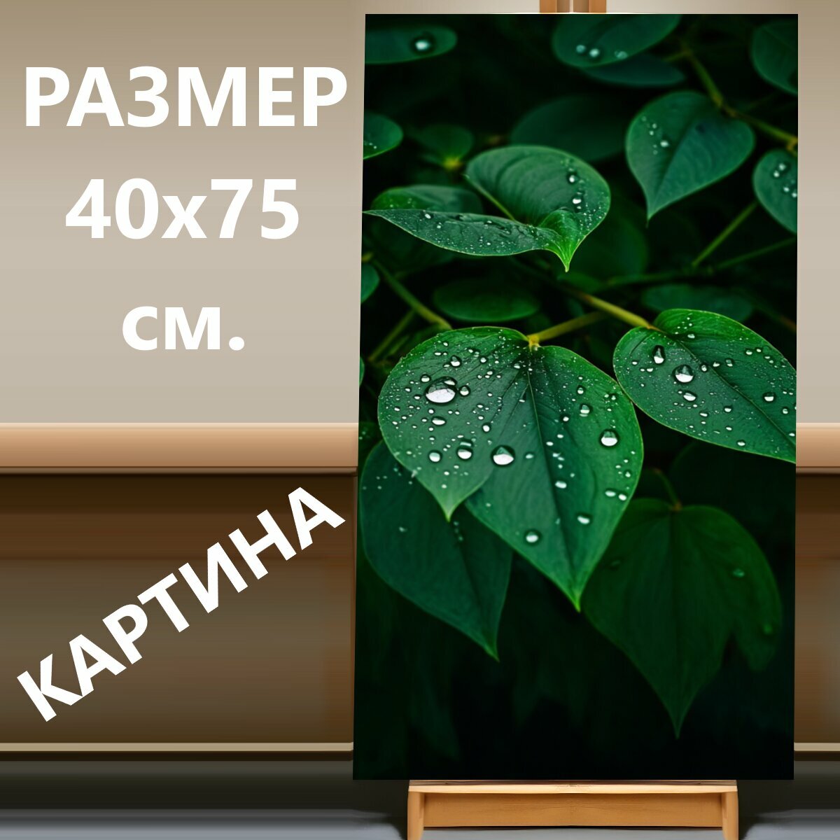 Картина на холсте "Листья темно-зеленого цвета с каплями воды на поверхности, крупный план, натуральный фон, тени и текстуры листьев." на подрамнике 75х40 см. для интерьера