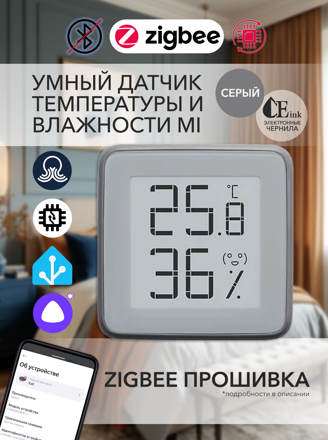 Zigbee датчик температуры и влажности на базе климатической станции MHO-C401 (Серый) для Яндекс Станций c Zigbee и Home Assistant