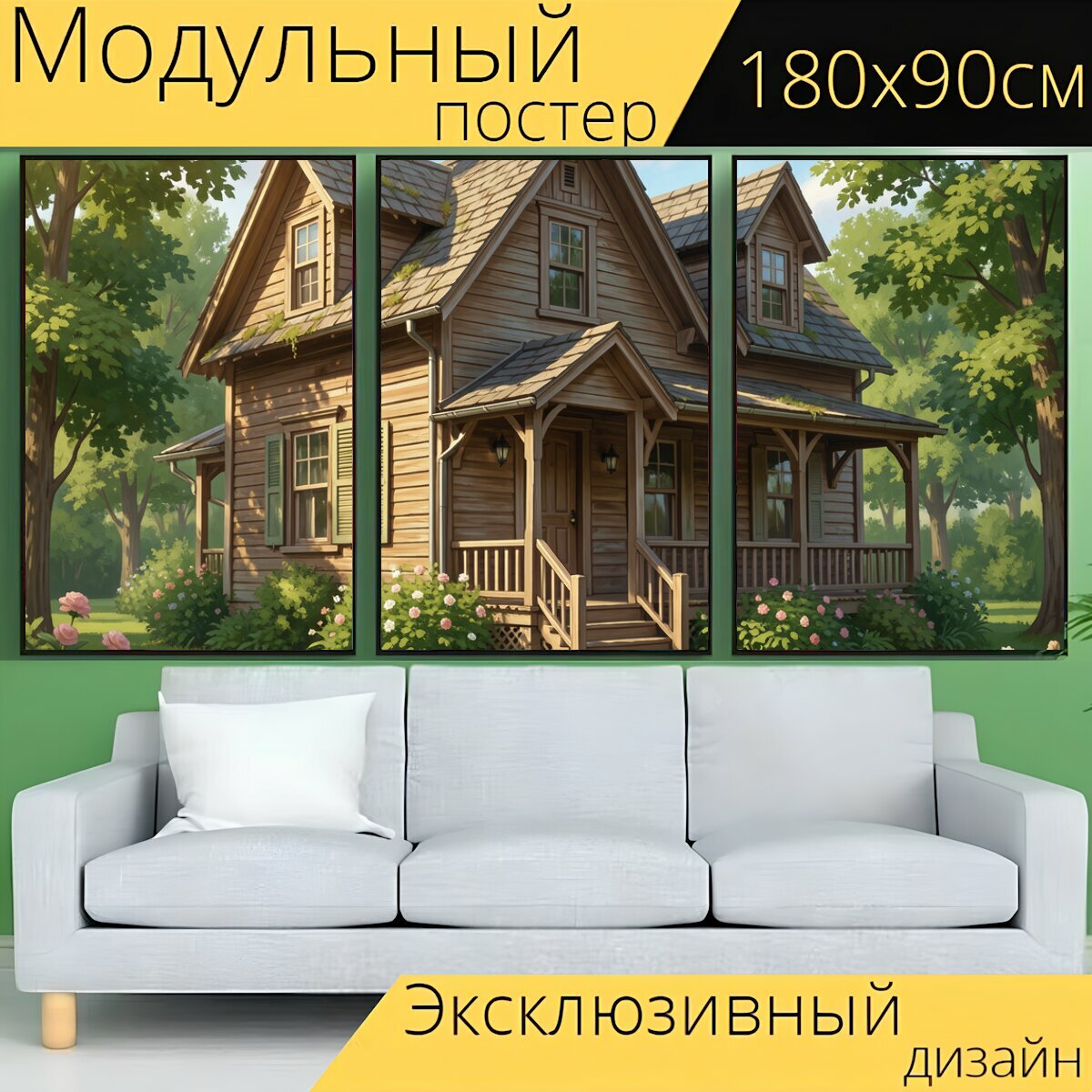 Модульный постер "Уютный деревянный дом в лесу. Живописный загородный коттедж среди зелени и цветущих кустов, солнечный летний день." 180 x 90 см. для интерьера на стену в тубусе