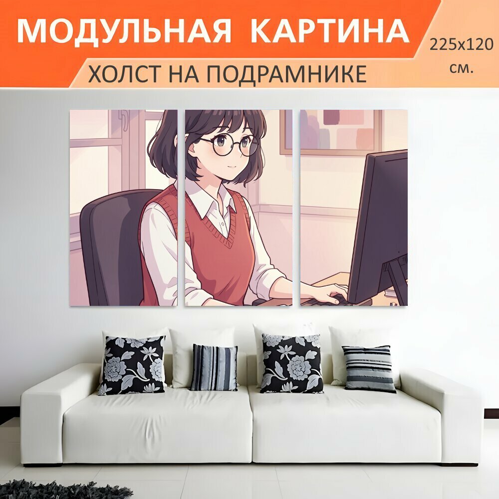Модульная картина на холсте "Девушка за компьютером в офисе. Аниме-иллюстрация: юная сотрудница в очках печатает за рабочим столом." триптих на подрамнике 225х120 см. для интерьера