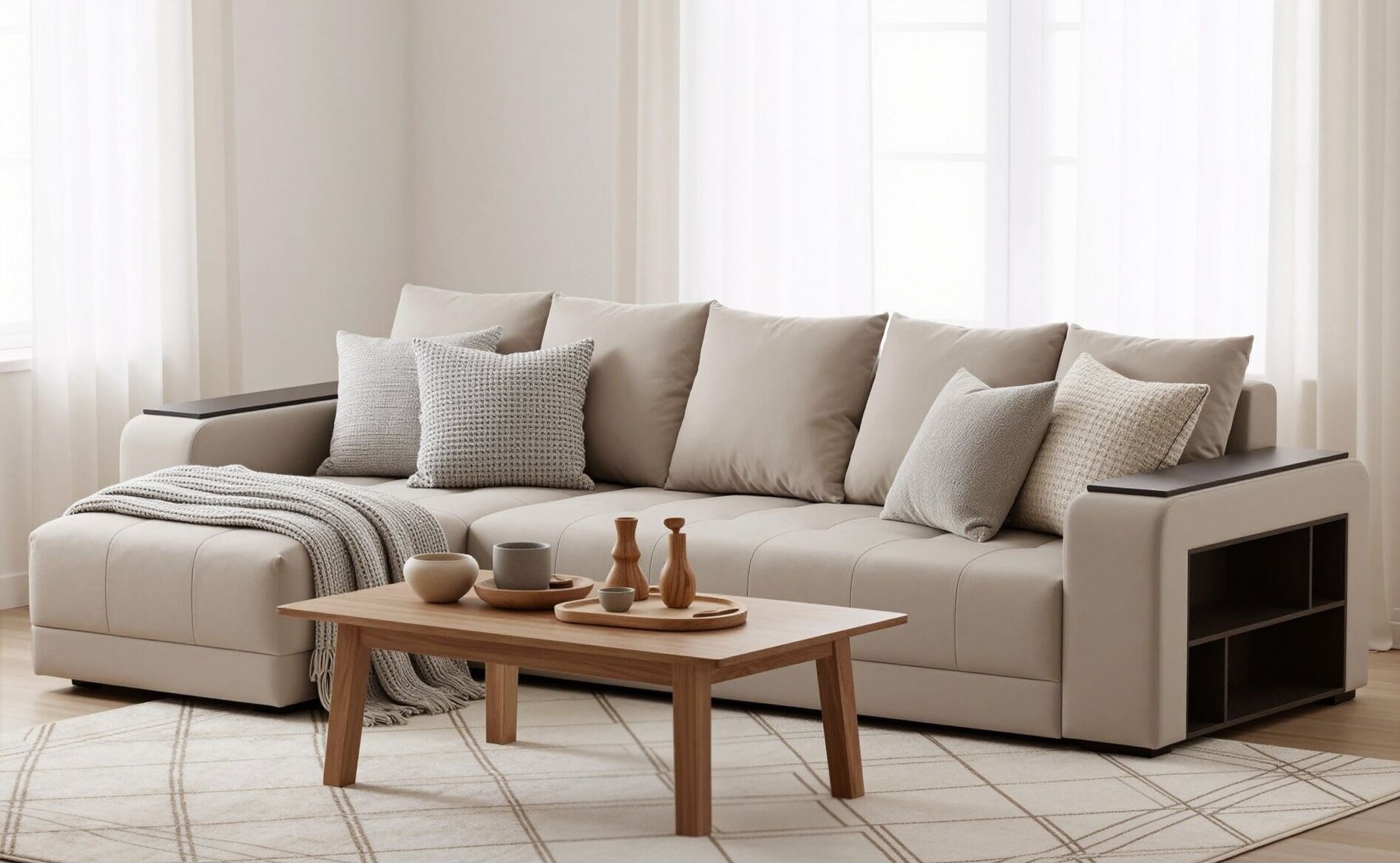 Диван угловой Дубай, 300х160х85см, наполнитель пружинный блок, ящик для белья, левый угол, Ultra beige