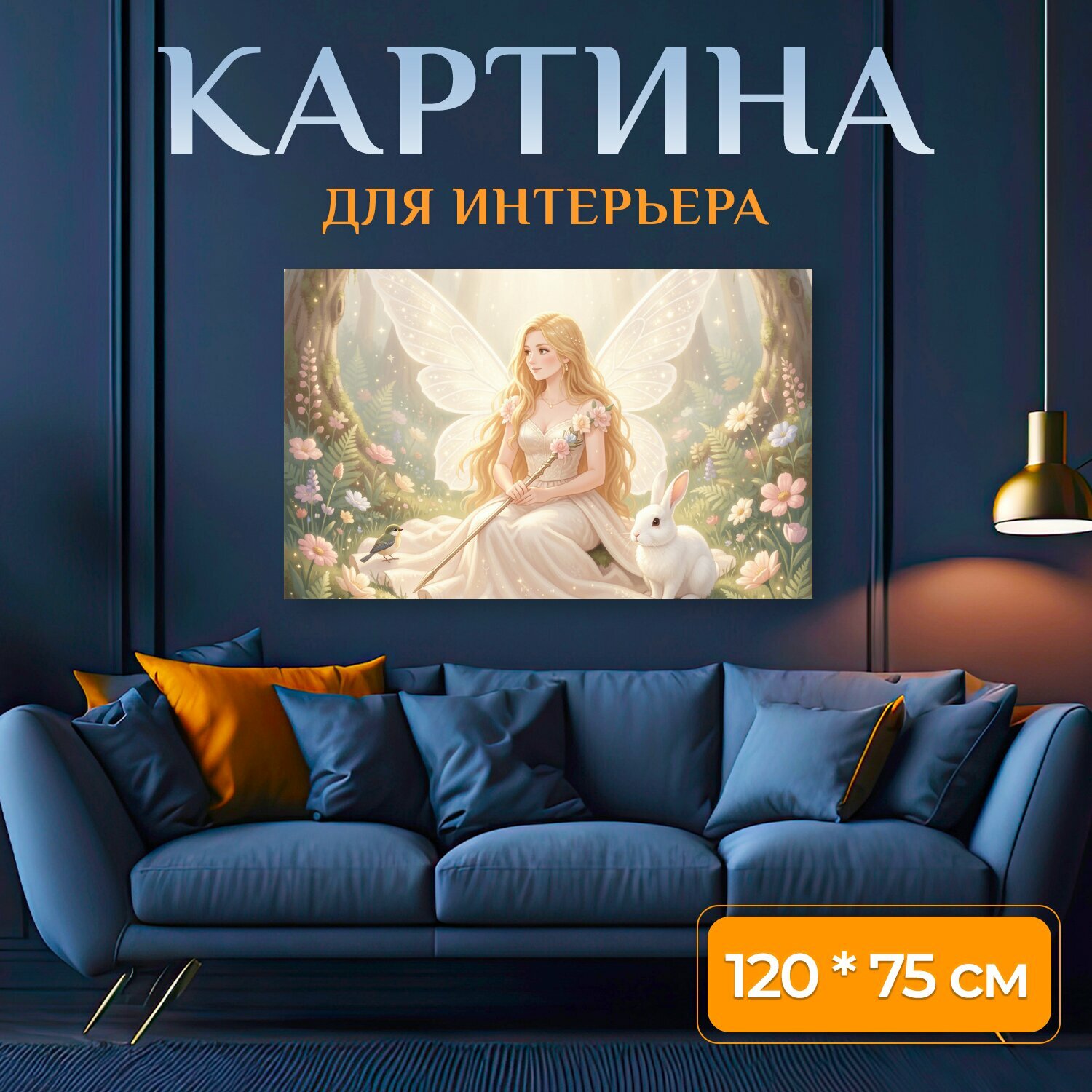 Картина на холсте "Фея в лесу с кроликом. Нежная сказочная сцена: светловолосая волшебница с прозрачными крыльями сидит среди цветов в." на подрамнике 120х75 см. для интерьера