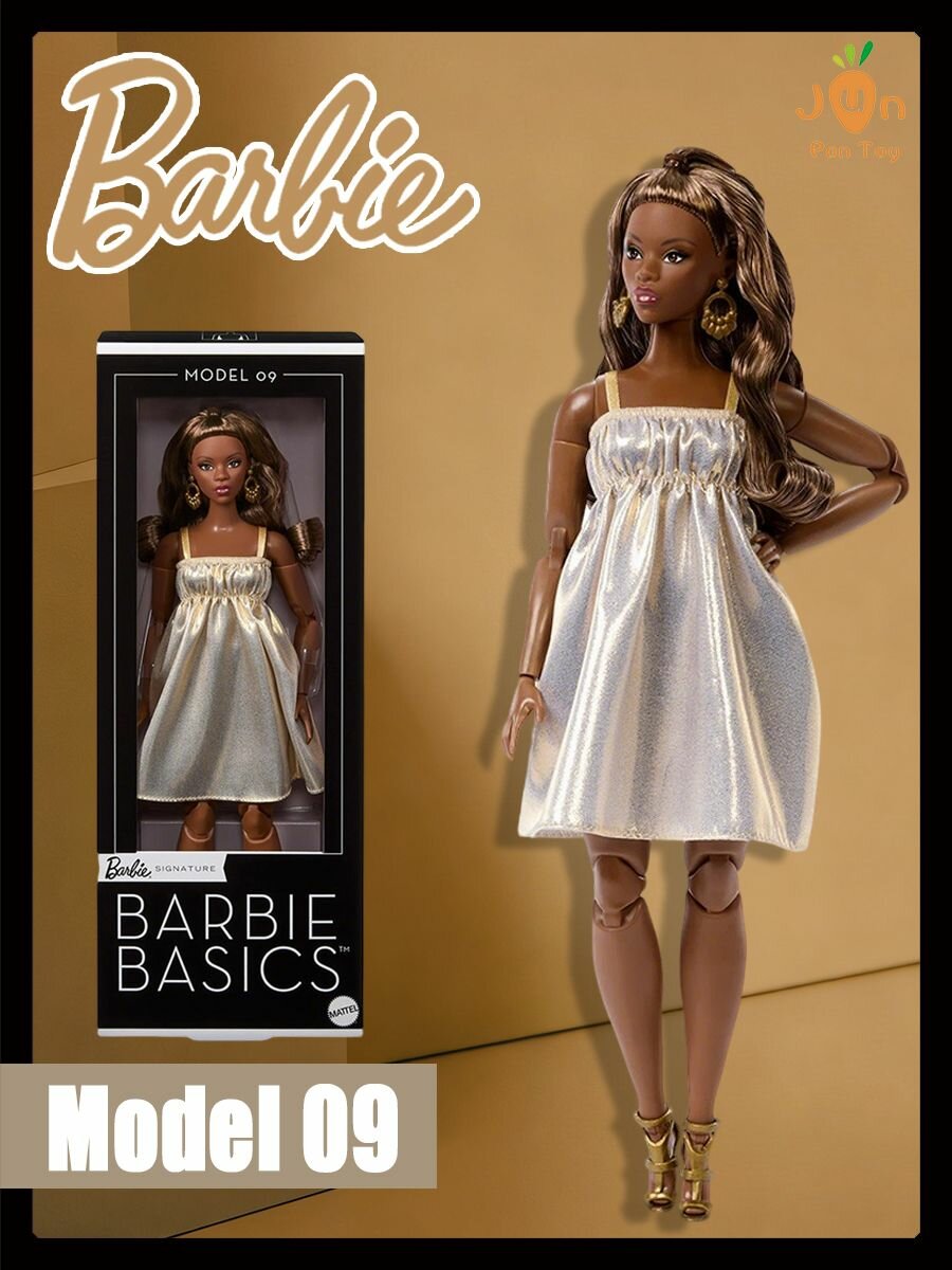 Кукла Mattel Barbie Basics Model 2026 Neutrals Series Model 09, Коллекционная совместная подвижная кукла Барби, с темными волосами, в золотистом платье и на каблуках с ремешками, JJX28