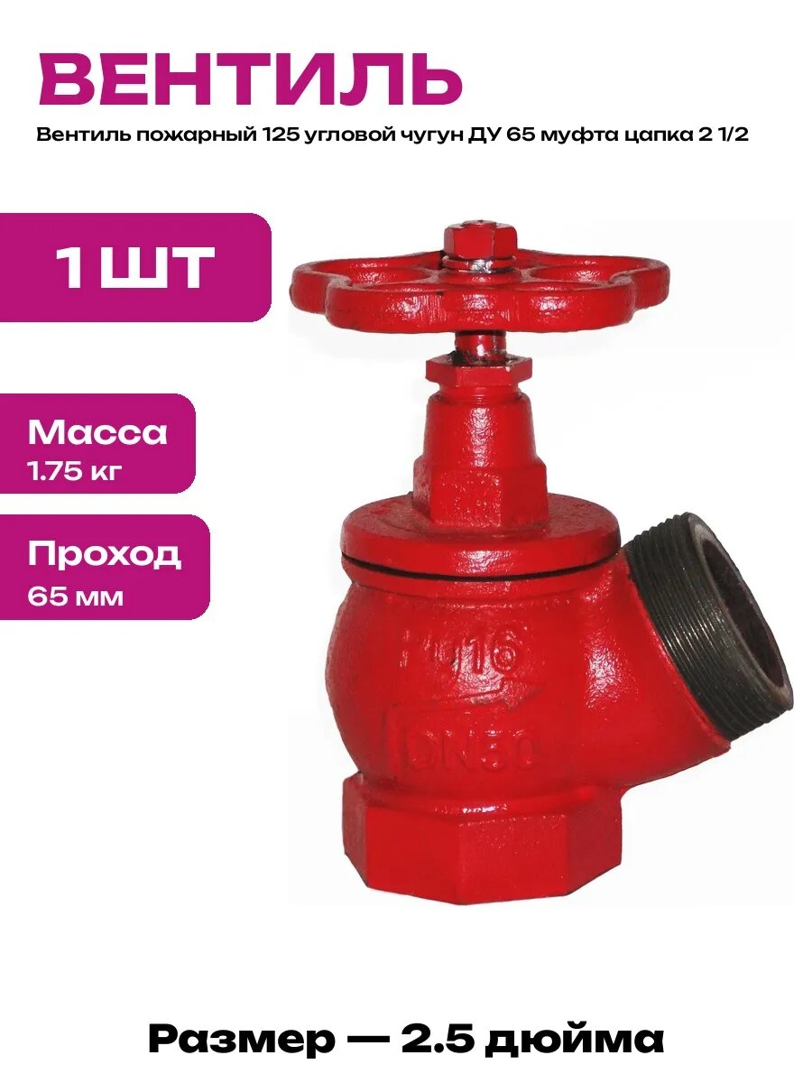 Вентиль пожарный 125 угловой ДУ 65 чугун муфта цапка 1.6 МПа