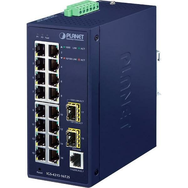 Коммутатор 16-портовый Planet IGS-4215-16T2S, IP30 Industrial L2/L4 16-Port 10/100/1000T + 2-Port 100/1000X SFP Managed Switch (-40~75 degrees C, dual