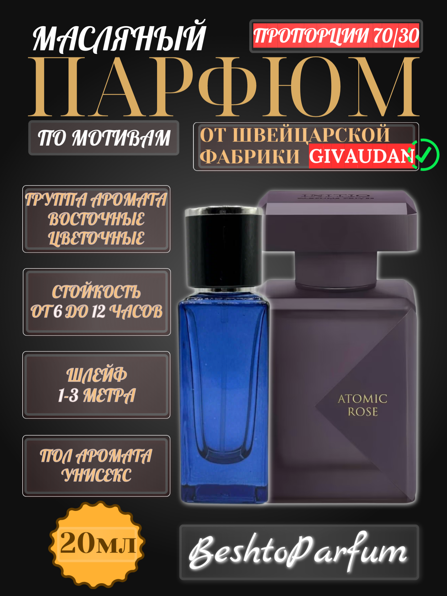 Масляные духи по мотивам Initio Parfums Atomic Rose — стойкий сладкий розовый нишевый аромат / 20мл