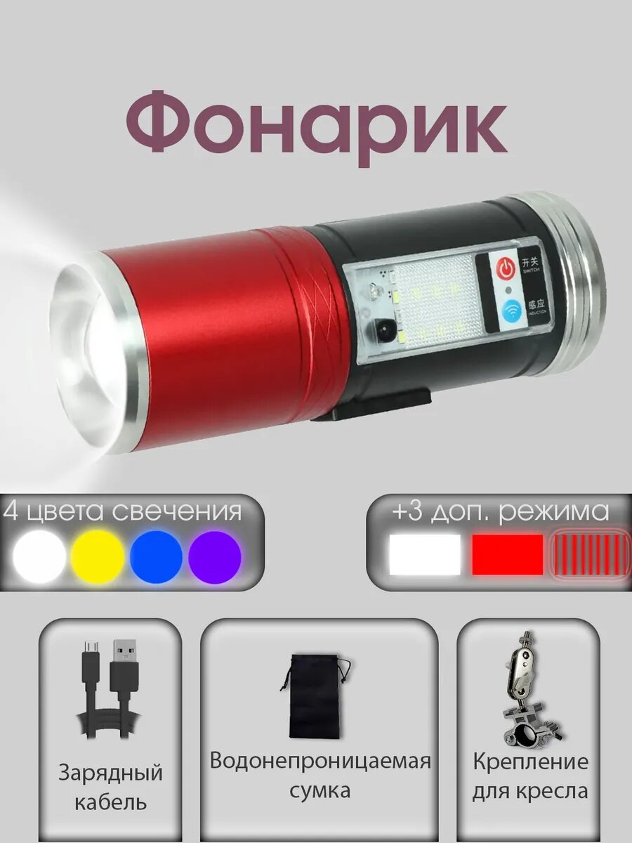 Фонарь UV с линзой, аккумуляторный,4 цвета свечения