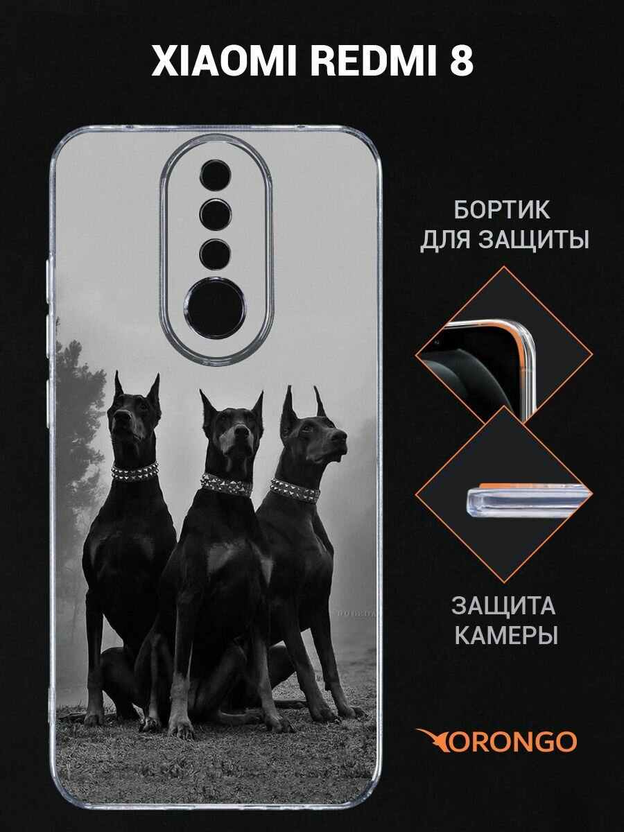 Чехол на Xiaomi Redmi 8 прозрачный с рисунком, с защитой камеры, с принтом доберманы / Сяоми Редми 8