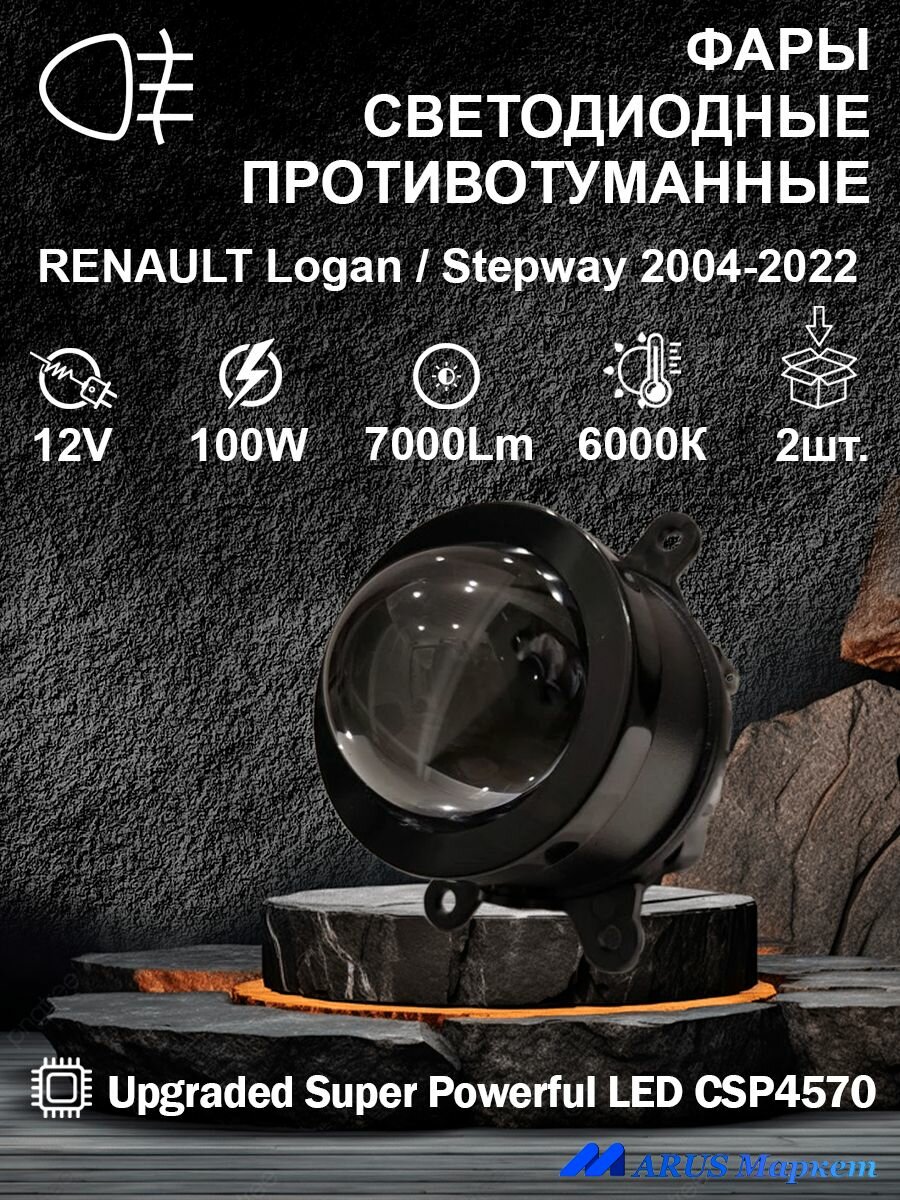 Фары противотуманные RENAULT Logan / Stepway (2004-2022) - светодиодные ПТФ линзы 100W, 6000K
