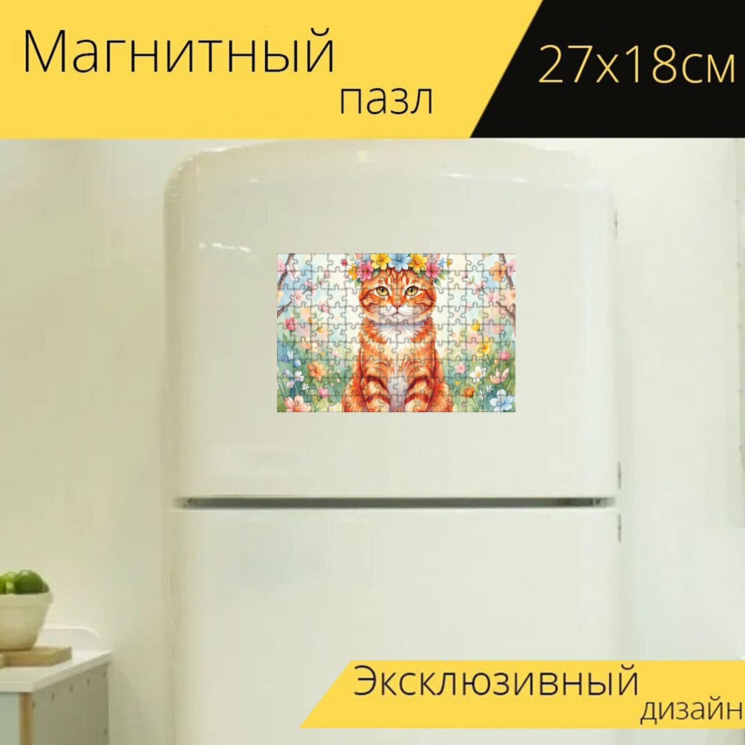 Магнитный пазл "Рыжий кот с цветочным венком. Акварельная иллюстрация полосатого котика среди весенних цветов и цветущих ветвей. Нежные пастельные." на холодильник 27 x 18 см.