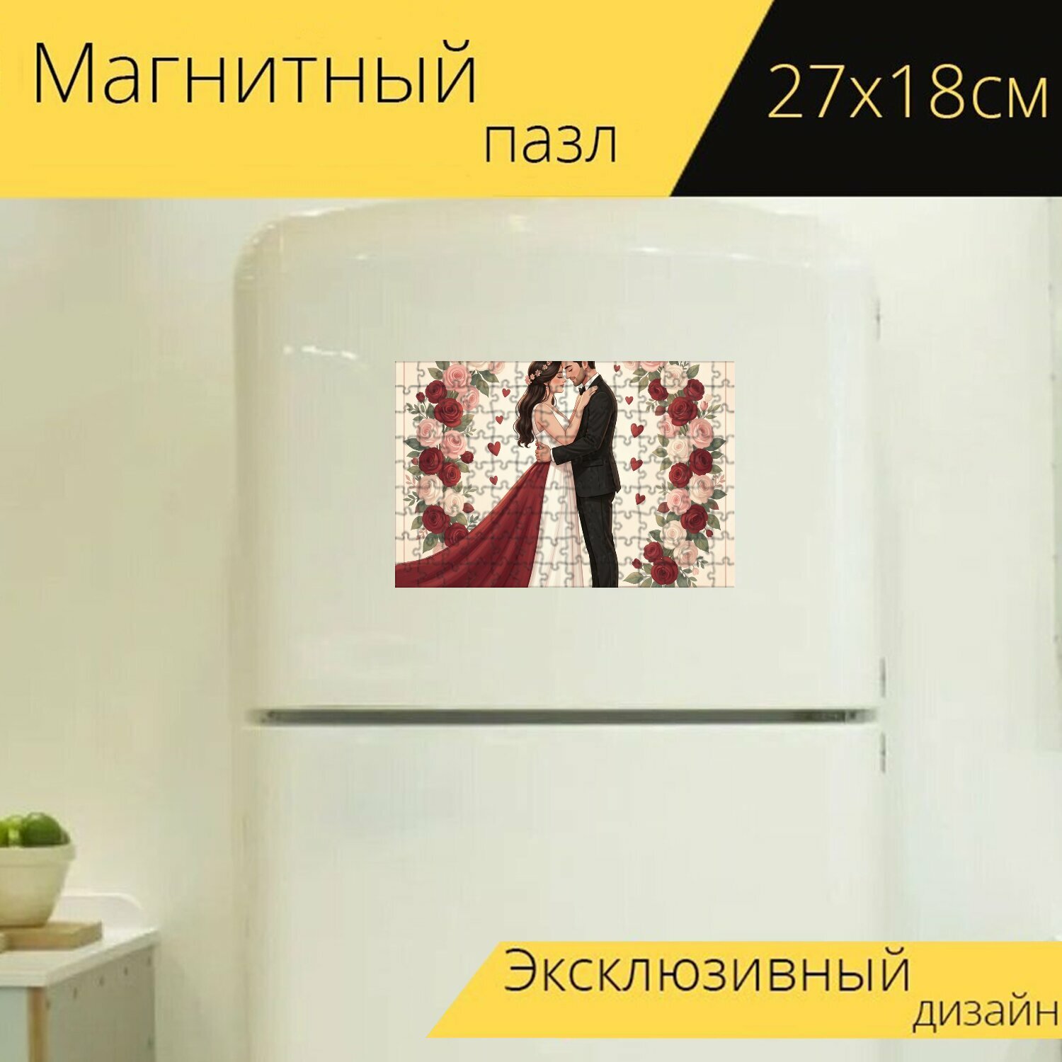 Магнитный пазл "Романтическая пара в розах. Влюбленные жених и невеста в нежном объятии под цветочной аркой из бордовых, розовых и кремовых бутонов." на холодильник 27 x 18 см.