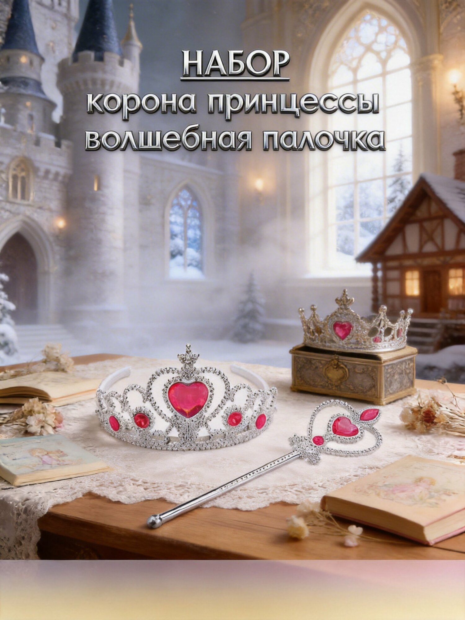 Диадема и волшебная палочка, набор аксессуаров для девочки с ободком-короной и стразами для фотосессии, утренника и карнавала