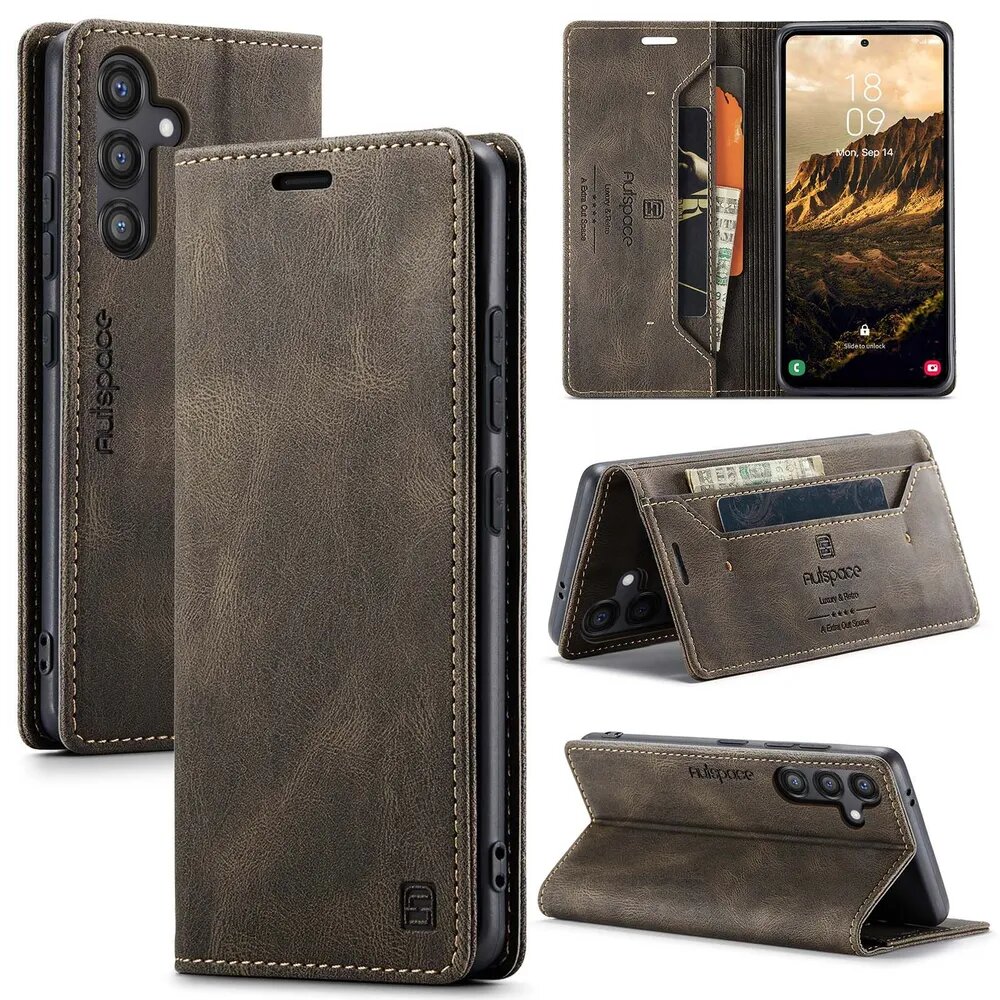 Autspace Кожаный чехол для Samsung Galaxy S24 (Самсуиг Галакси С24 ) книжка магнитная застежка, подставка, противоударная, RFID-блокировка, новинка, подарок