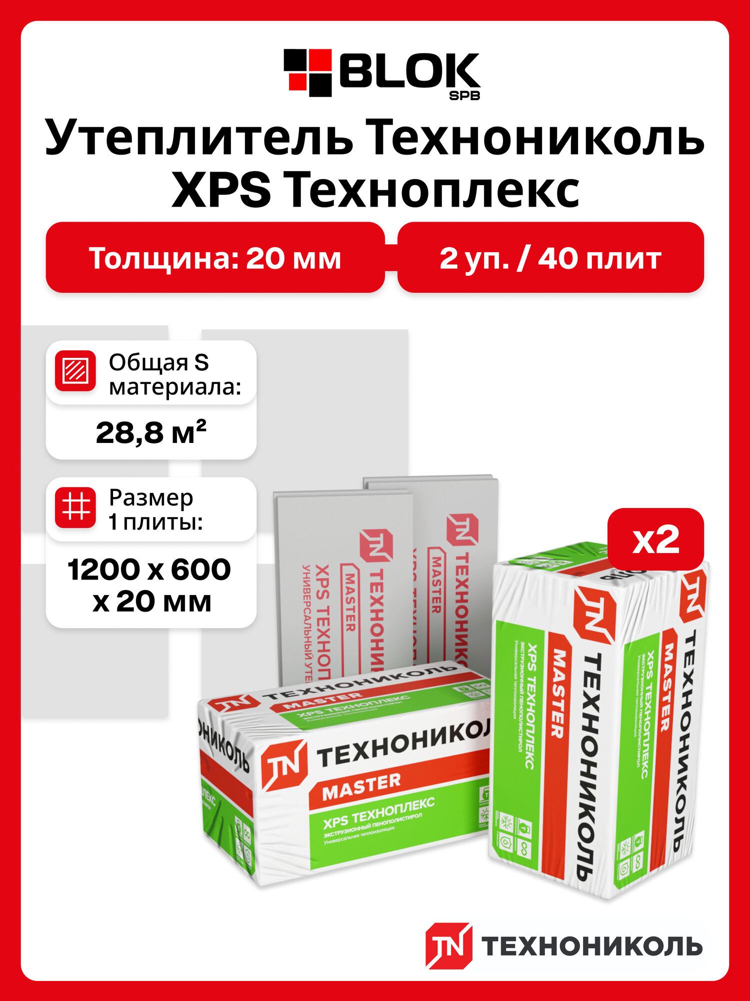 Технониколь XPS техноплекс 20 мм (2 уп /28,8м2/ 40 плит) утеплитель из пенополистирола для фасада, стен, крыши, пола
