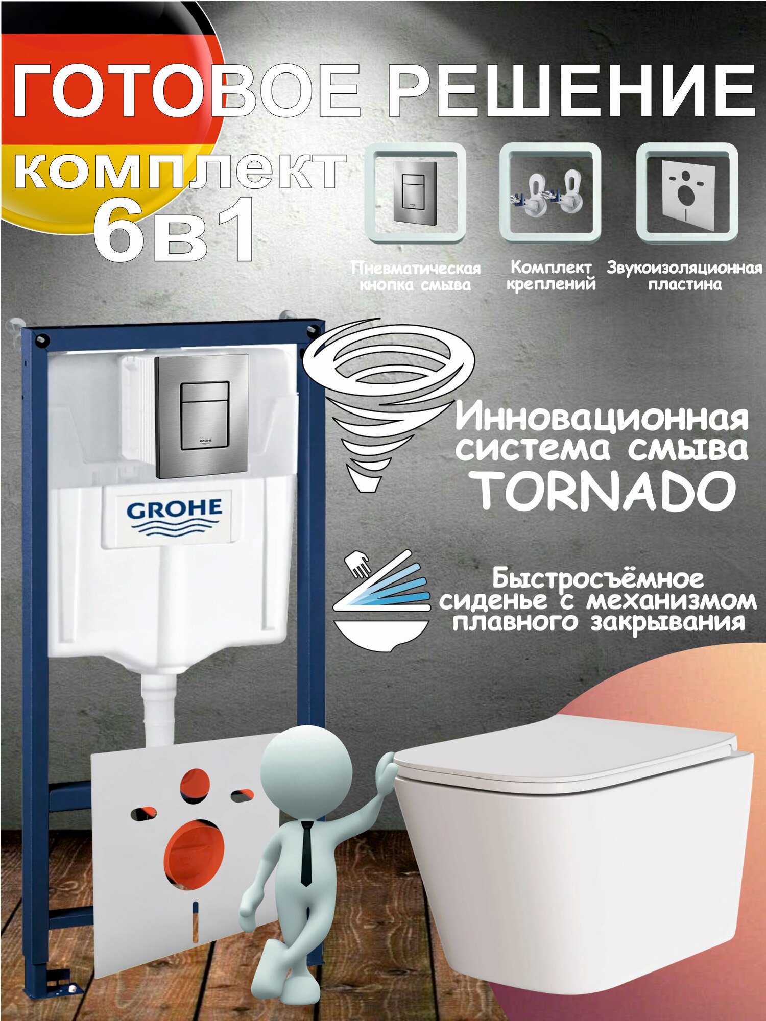 Инсталляция GROHE с подвесным унитазом Watersense Ева Про, белый с крышкой, микролифт, смыв торнадо, комплект 6в1, кнопка смыва Никель матовый