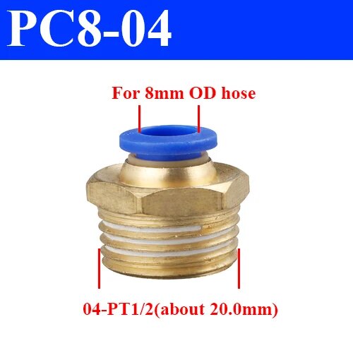 Фитинг пневматический PC8-04, латунь, для шланга 8мм