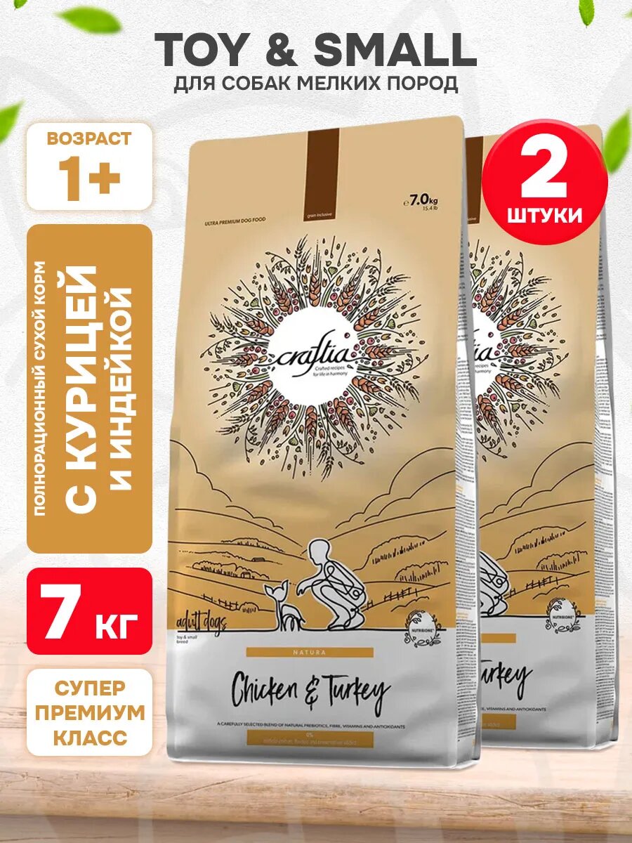 Корм сухой Craftia Natura Adult Dog Toy&Small Breed Chicken&Turkey мелких собак с курицей и индейкой, 7 кг х 2 шт