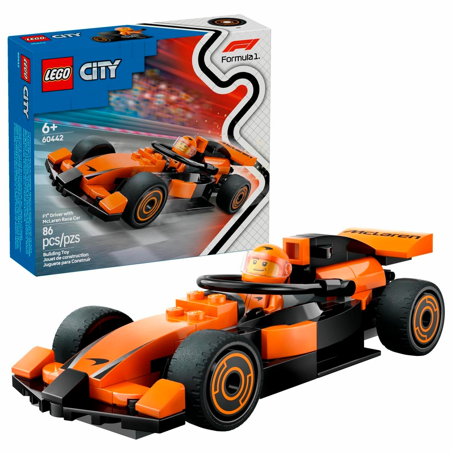 Конструктор детский LEGO City Гонщик F1 и его машина McLaren, 86 деталей, возраст 6+, 60442