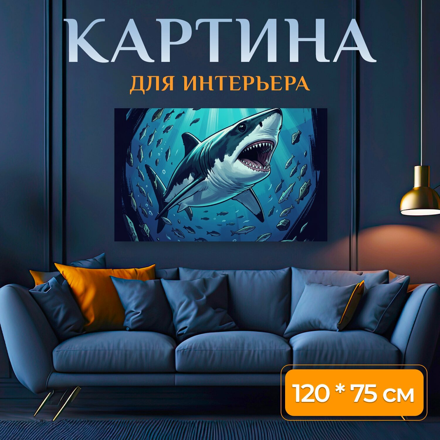 Картина на холсте "Акула в подводной глубине. Динамичная подводная сцена с хищной рыбой, окружённой стайкой мелких морских обитателей и лучами." на подрамнике 120х75 см. для интерьера