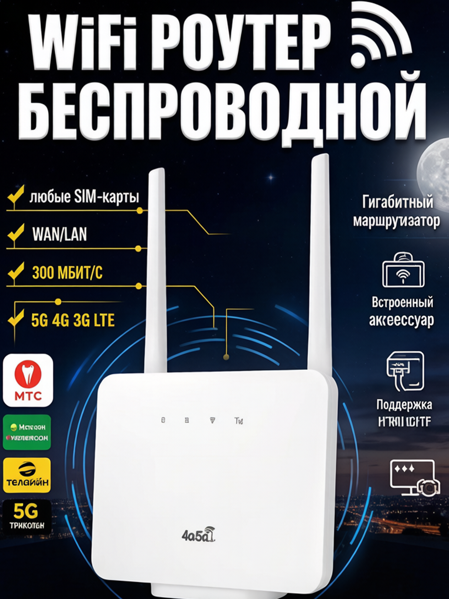 Роутер Wi-Fi, с SIM-картой, 4G, 150 Мбит/с, внешние антенны, Band Lock