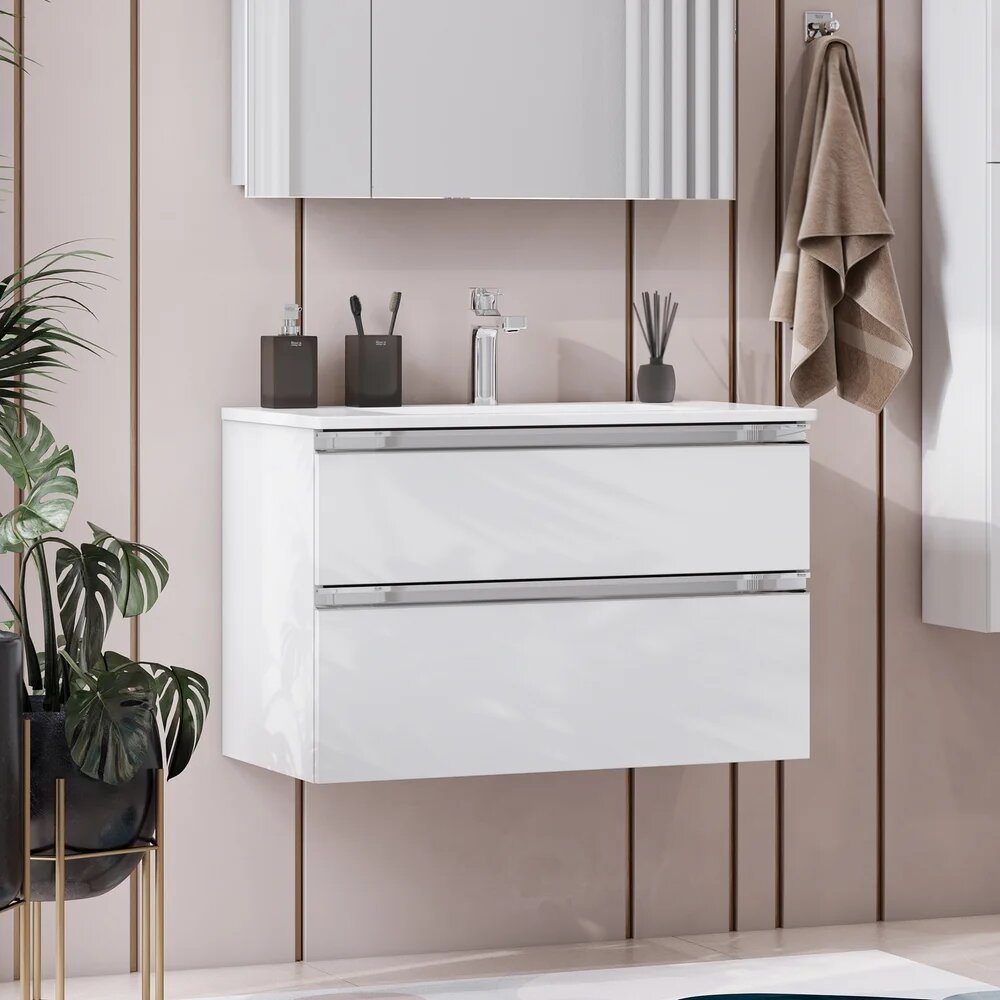 Тумба с раковиной Roca The Gap подвесная, 80 см, белая, глянцевая, из ЛДСП, с ящиками, раковина для ванной, фарфоровая, прямоугольная, встроенный слив-перелив