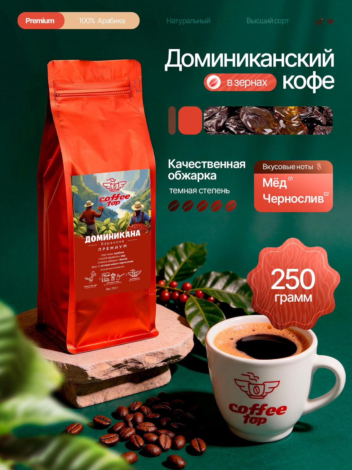 Кофе в зернах арабика 250гр Тёмная Обжарка Coffee Top из Доминиканы премиум