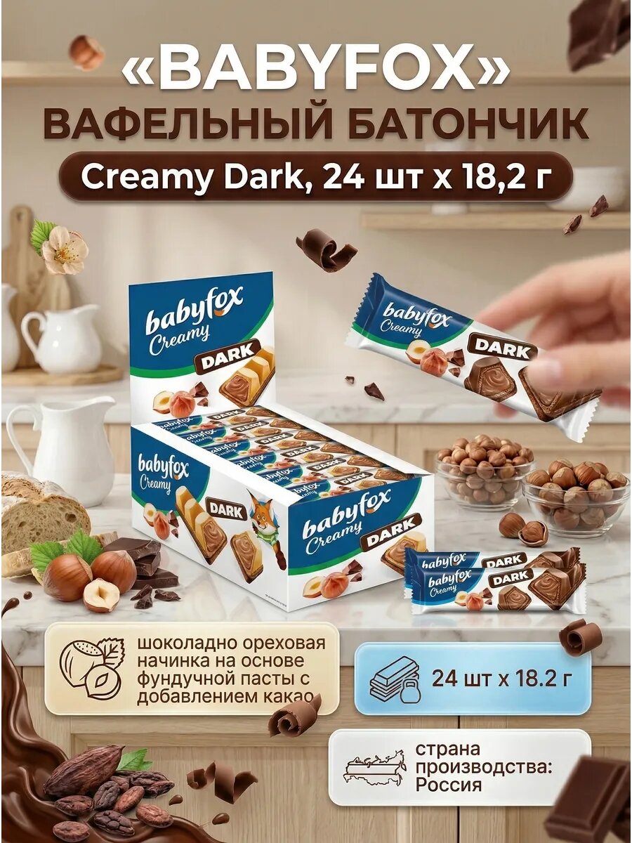 Вафельный батончик BabyFox , Creamy Dark, 24 шт Х 18,2 г