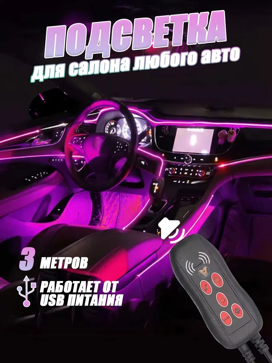 Подсветка в машину салона светодиодная лента USB RGB 3м