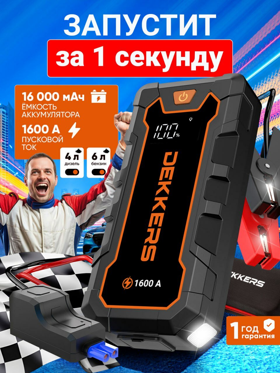 Портативное пусковое зарядное устройство для автомобиля 1600 А, 16000 мАч / бустер автомобильный пусковой Dekkers