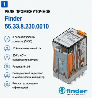 Реле Finder 55.33.8.230.0010 10А 230V 3 группы