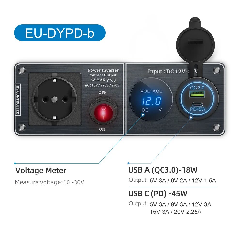 Автоинвертор EU-DYPD-b 12В/24В, 220В, USB QC3.0, USB PD 45W