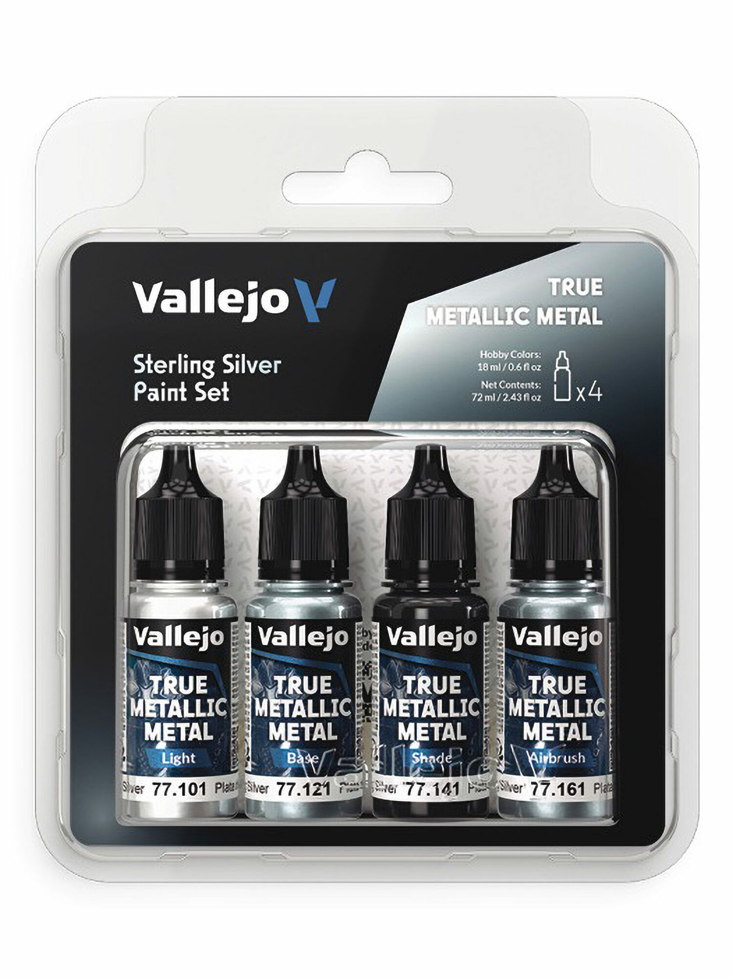 Набор акриловых красок Vallejo серии True Metallic Metal - Sterling Silver Paint Set 77251, 4 шт по 18 мл