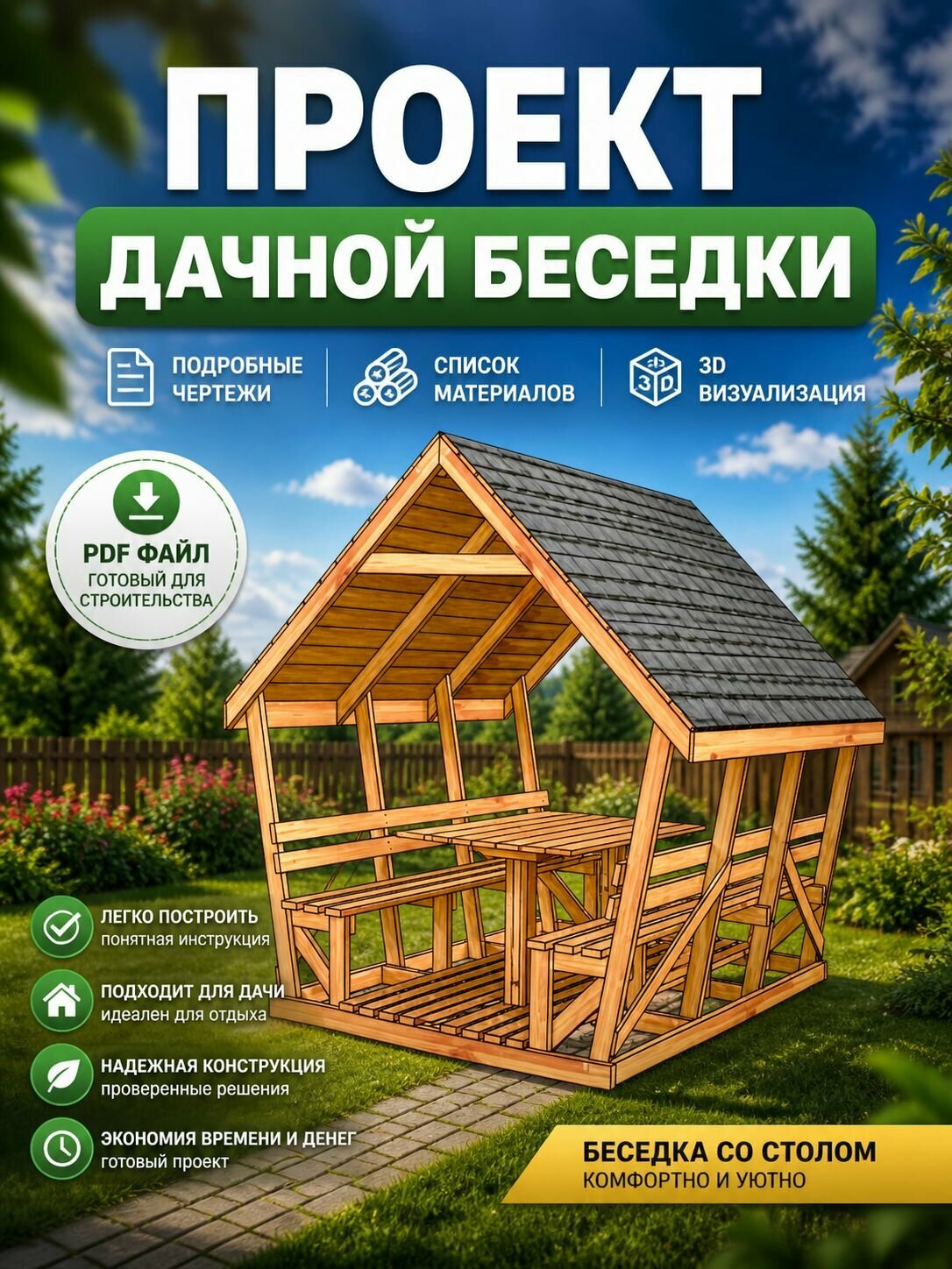 Проект дачной беседки со столом, 2х3м, БДС-2