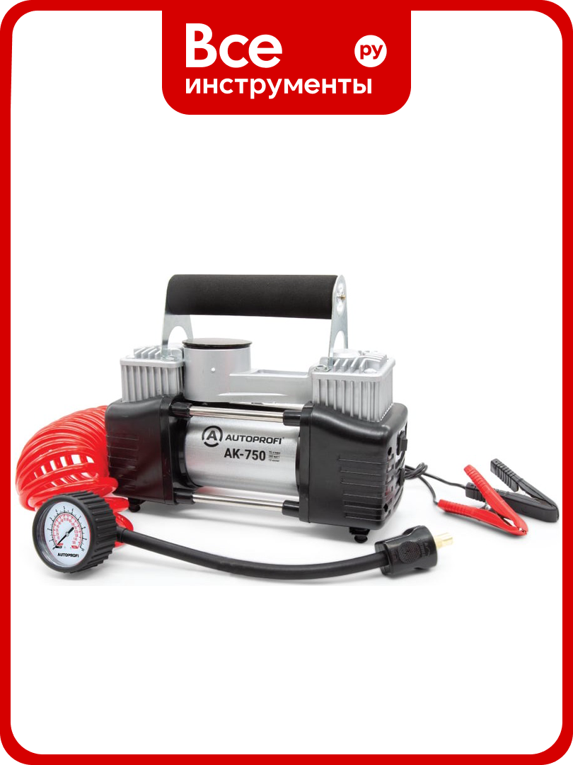 Воздушный компрессор AUTOPROFI 75 л./мин, 12v/30a, 300w, шланг 5 м, шнур питания 3 м, питание от акб, клапан для регулир. давления, набор из 4-х переходников для надувн. изделий, переходники для накач. лодок, сумка AK-750