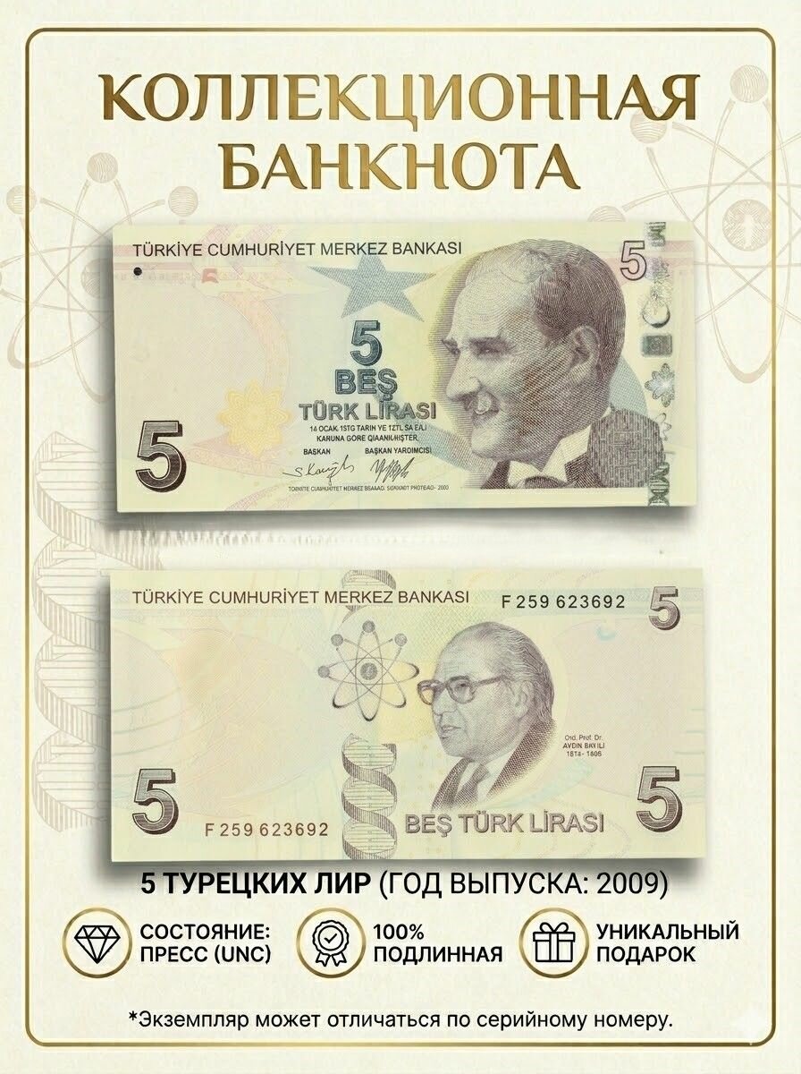 Подлинная банкнота Турции 5 лир 2009 года