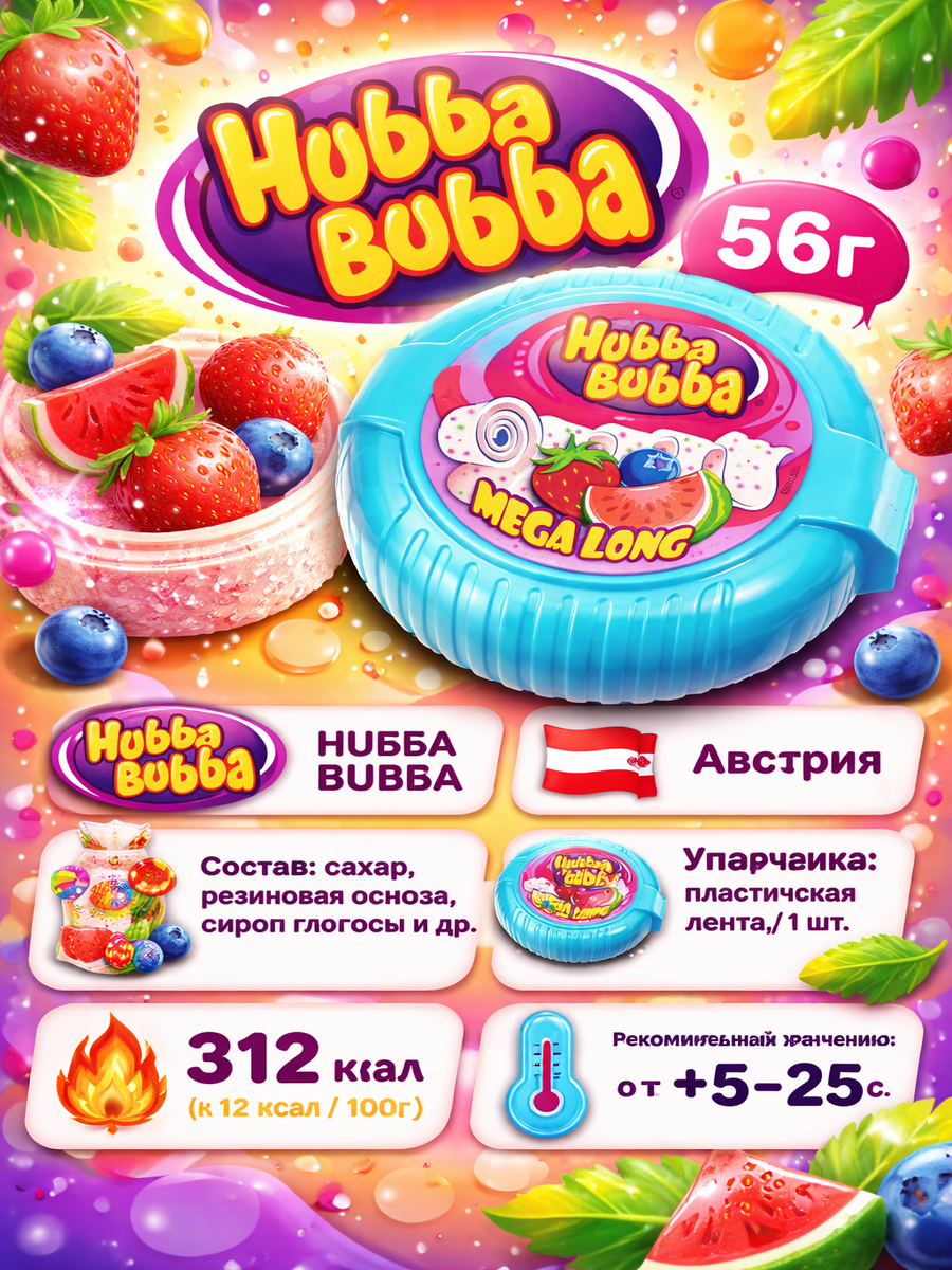 Жевательная резинка Hubba Bubba Mega Long Fruits, 56г