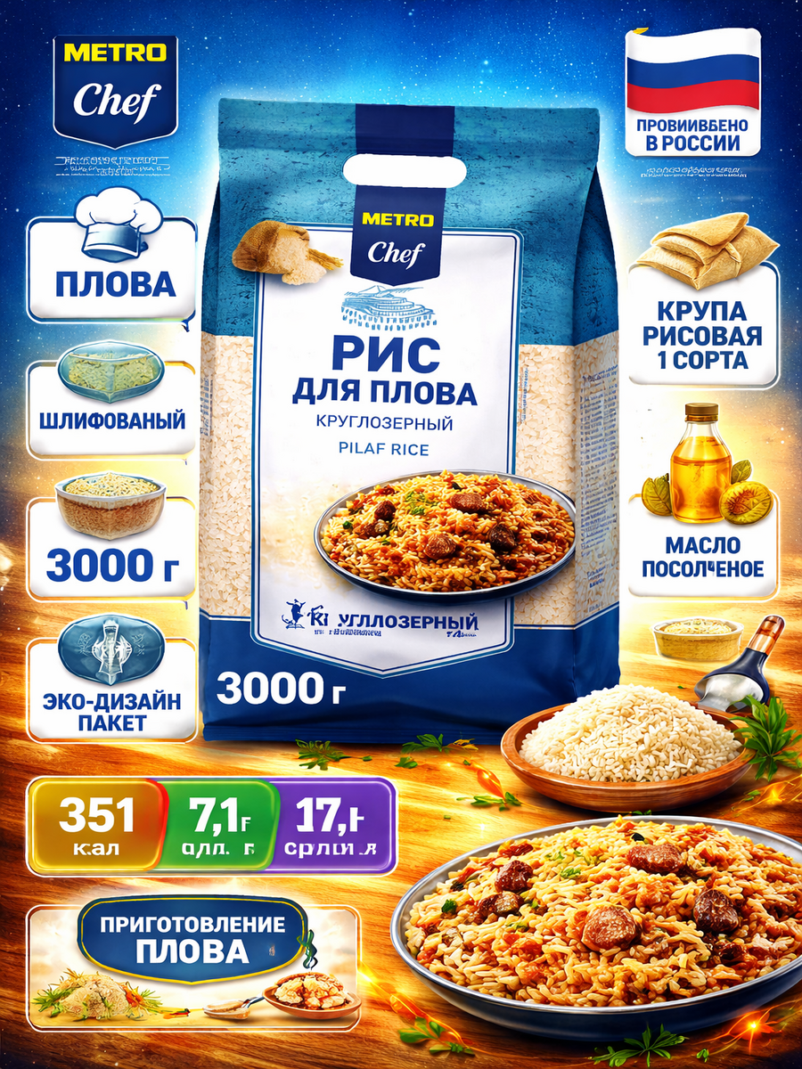 METRO Chef Крупа рис Для плова, 3кг