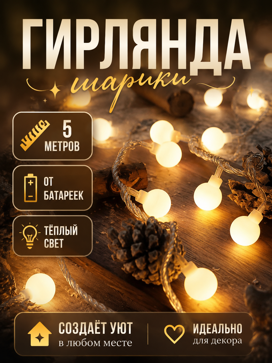 Гирлянда с матовыми шариками от батареек 5м 50 LED