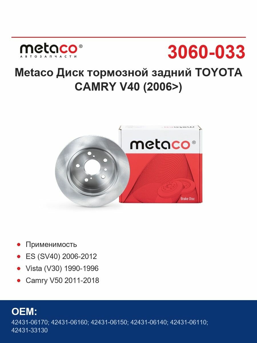 Metaco Диск тормозной задний TOYOTA CAMRY V40 (2006>)