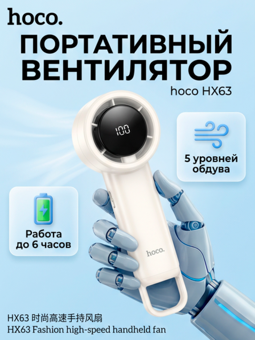 Вентилятор Hoco HX63, портативный, 5 скоростей, с дисплеем, белый