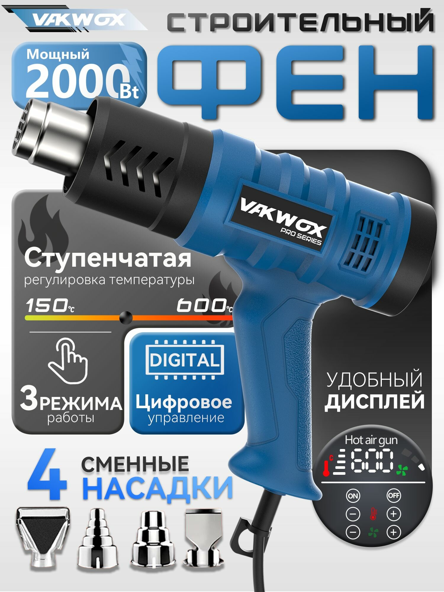 Строительный фен / Промышленный фен / Бесступенчатый термостат /2000 Вт/Ручная регулировка, 4 насадки с дисплеем(2 кВт, 250-500 л/мин, 150-600 градусов), профиссиональная серия